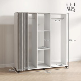 HOMCOM Šatní skříň, šatník, mobilní úložný nábytek 6 koleček 120L x 40l x 128H cm, bílý