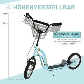 HOMCOM Dětská koloběžka od 5 let, šlapací koloběžka, městská koloběžka pro děti, hliník, 120 x 58 x 85-95 cm, světle modrá