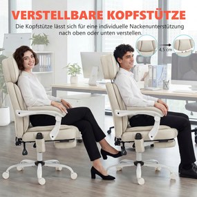 HOMCOM Kancelářská židle s vysokým opěradlem s vibrační masáží a vyhříváním, ergonomická, naklápěcí, s opěrkou nohou, krémově bílá