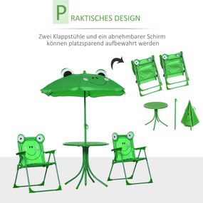 Zahradní set Outsunny pro děti – stůl a židle na piknik, skládací set pro děti se nastavitelným deštníkem 100-125 cm, design žabky, zelený