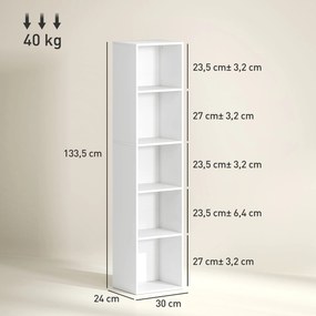 HOMCOM Knihovna, 5-úrovňová úložná police s nastavitelné policemi do obývacího pokoje, ložnice, kanceláře, 30 x 24 x 133,5 cm, bílá