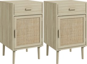 HOMCOM Set 2 nočních stolků s ratanovým šuplíkem a nastavitelnou policí do ložnice nebo obývacího pokoje 40x40x68,5 cm Dub