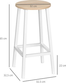 HOMCOM Sada 2 výškových barových židlí 65cm se železnými nohami a opěrkou pro obývací pokoj a jídelnu, nosnost 75 kg, přírodní dřevo a bílá