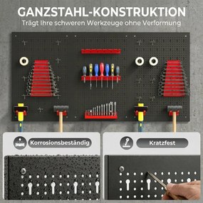 HOMCOM nástěnný pegboard 3×60 × 40 cm, 28dílný držák nářadí s háčky a přihrádkami, černá/červená
