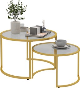 HOMCOM Sada 2 moderních kulatých stolků s variabilní výškou 70/54 cm, se skleněnou deskou a zlatým ocelovým základem