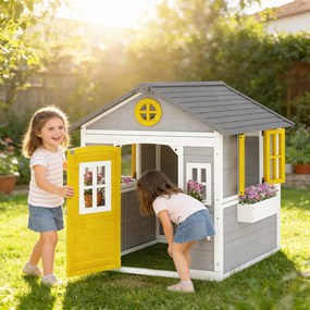 Outsunny dřevěný domeček do interiéru i exteriéru s dveřmi, okny, truhlíky a policemi — šedý, pro děti 3–8 let