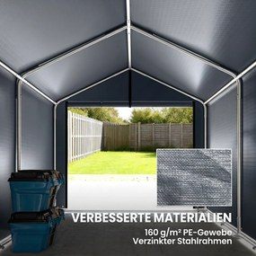 Outsunny 1,62 × 2,22 m voděodolný zahradní úložný stan s rolovacími zipovými dveřmi, sedlová střecha, ocelový rám, UV-odolný — tmavě šedý