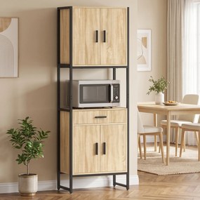 HOMCOM vysoká skříň do kuchyně, kuchyňská skříňka, 4 dveře s tlumeným zavíráním, zásuvka, pracovní deska, 60x30x170 cm, přírodní dřevo