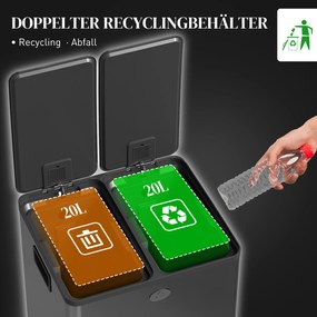 2 x 20litrové dvojité odpadkové koše, otevírání pomocí pedálu, snadné čištění, nerezová ocel, plast, černá barva