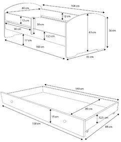 ADRK Postel PEPE PRINCESS AND HORSE, CH-Pep-Bar-Pri-Hor-160-E296, 160x80 cm se zásuvkou, zábradlím a matrací, bílá/grafika