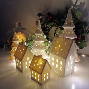 LED dekorace keramický domeček, 8,5 × 6,9 × 12,9 cm, teple bílá, 2× LR44