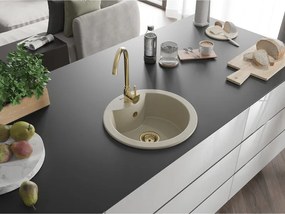 Mexen Diego, granitový dřez 488x488x167 mm, 1-komorový, béžová se zlatým sifonem, 6512481000-69-G