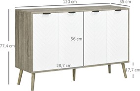 HOMCOM Nízký komoda, úložná skříň, nastavitelných polic, 2 skříňky, 4 dveře Chevron, pro kuchyň, jídelnu, obývací pokoj, 120 x 35 x 77,4 cm, bílá a še