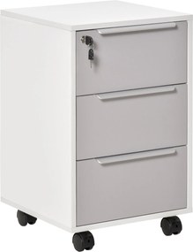 HOMCOM zásuvková jednotka se 3 zásuvkami – kancelářský file cabinet s kolečky, zámkem a 2 klíči pro domácí kancelář 40x40x63,5 cm bílá a šedá