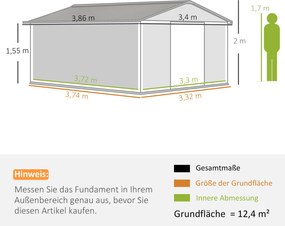 Outsunny kůlna na nářadí s podezdívkou kůlna na nářadí zahradní kůlna kovová uhlíkově šedá 340 x 386 x 200 cm | Aosom