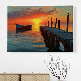 Obraz na plátně - Staré molo s loďkou při západu slunce FeelHappy.cz Velikost obrazu: 120 x 80 cm