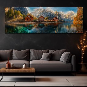 Obraz na plátně - Tři chatky u čistého jezera FeelHappy.cz Velikost obrazu: 60 x 20 cm