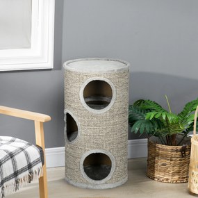 PawHut škrábací sud Hrací a škrábací sud pro kočky se 3 jeskyněmi ze sisalu a plyše Světle šedý Ø38x70cm pro aktivní hru a odpočinek | Aosom.de
