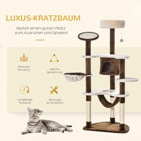 PawHut škrabadlo XXL kočičí strom 153H cm s kočičí jeskyní, houpací síť, šplhací strom pro kočky, plyš, hnědá barva pro hraní a relaxaci | Aosom.de