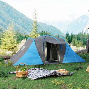 Outsunny rodinný stan pro 4-6 osob, voděodolný 2000 mm, skládací stan s 2 ložnicemi, batoh na kempování 555x225x190 cm, šedý a modrý