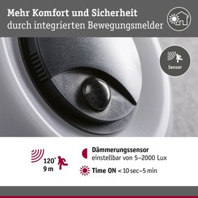 P 94956 LED venkovní nástěnné svítidlo Aureva pohybové čidlo IP65 kruhové 220mm 2200 - 4000K 20,5W 230V antracit/bílá polykarbonát - PAULMANN