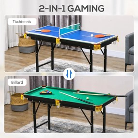 SPORTNOW multigame herní stůl 2v1 multifunkční stůl na stolní tenis a kulečník pro děti a dospělé, ocel 140x63x60-80cm, zelený