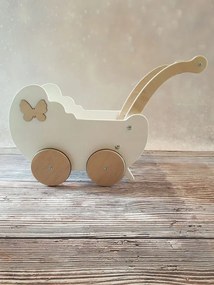 Dřevěný kočárek pro panenky s dekorací bílá + dřevo