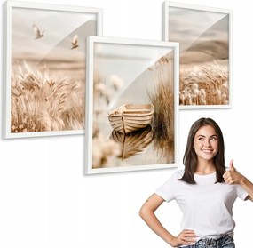 Sada 3 obrazů vzor Boho Loďka Jezero bílý rámeček 50x70 plexisklo triptych