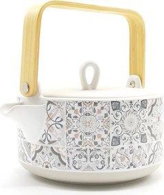 Kameninová konvice Casa Decor, 0,85 l – ve stylu Azulejo, se šedými ornamenty a dřevěnou rukojetí