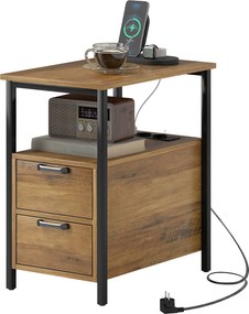 HOMCOM Odkládací stolek, noční stolek s 2 zásuvkami, USB port, 1 port typu C, kabel 143 cm, zásuvky a polička, přírodní dřevo