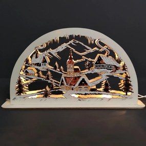 AMADEA Dřevěný svítící portál s motivem vesničky, sépiový, 38 cm