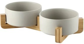 Dvojitá keramická miska pro psy i kočky s elagantním dřevěným stojanem, šedá 2x400 ml