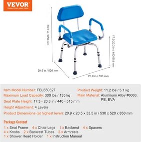 křeslo do sprchy otočné o 360° a otočné ramena Polstrované sedátko 136,1 kg