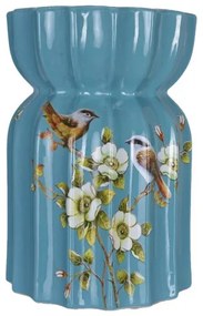 Porcelánovy sedaci buben s modrou glazurou a malovanými ptačími motivy 45 cm
