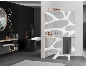 Mexen Kioto+ L, sprchová zástěna Walk-In s poličkou a věšákem 100 x 200 cm, 8mm čiré sklo bílý vzor, ​​růžové zlato profil, 800-100-123-60-97