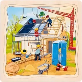 GOKI Vícevrstvé puzzle Stavíme dům / dřevo / 20 x 20 cm