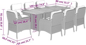 9dílný zahradní jídelní set s poduškami černý polyratan 3211895