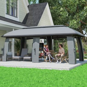 Zahradní altán Outsunny 3 x 6 m s dvojitou střechou a bočními stěnami, síť proti hmyzu pro 15 osob, pozinkovaný kov, tmavě šedý |