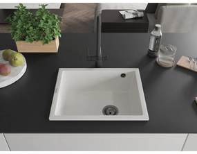 Mexen Pedro, granitový dřez 560x460x200 mm, 1-komorový, bílá s černým sifonem, 6508561000-20-B
