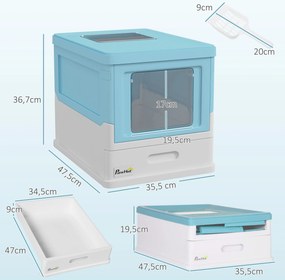 Skládací kočičí záchod PawHut s krytem, odnímatelným zásobníkem, dvířky s horním vstupem a lopatkou 47,5x35,5x36,7 cm Modrá a bílá