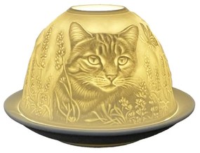 Bílý porcelánový svícen na čajovou svíčku kočka s květinami – 12x8 cm