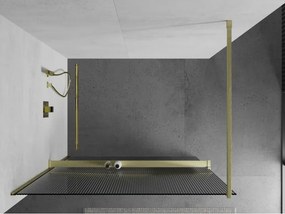 Mexen Kioto+, sprchová zástěna Walk-In s poličkou a věšákem 90 x 200 cm, 8mm sklo s žebrovým vzorem, zlatý matný profil, 800-090-121-55-09