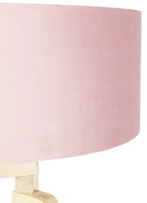 Stojací lampa stativ dřevo s růžovým sametovým odstínem 50 cm - Puros