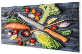 akrylový obraz Nůž vlákna příze špenát rajčata 100x50 cm
