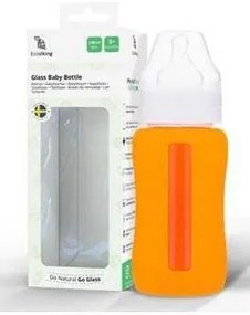 EcoViking Kojenecká lahev skleněná 240 ml široká silikonový obal Oranžová