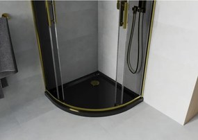 Mexen Rio, čtvrtkruhový sprchový kout s posuvnými dveřmi 90 (dveře) x 90 (dveře) x 190 cm, 5mm šedé sklo, zlatý profil + černá sprchová vanička SLIM, 863-090-090-50-40-4170G