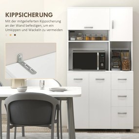 HOMCOM Vysoká Skříň do Kuchyně s 3 Otevřenými Přihrádkami, 4 Dveřmi a 3 Zásuvkami, Kuchyňský Skříňový Kabinet s Nastavitelnými Policemi, Bílá, 89 x 3…