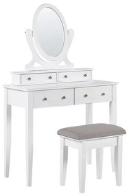 Toaletní stolek, 4 zásuvky, oválné zrcadlo a bílá stolička LUNE Beliani