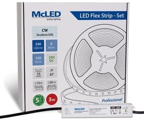 McLED  LED pásek - sada 3 m, 240 LED/m, CW, 6 W/m, DC 24V, 520 lm/m, CRI90, IP67, 10 mm, vodič 3 m ML-126.032.90.S03001