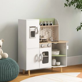 Dětská dřevěná kuchyňka AIYAPLAY pro děti 3-6 let s výrobníkem ledu, nerezovým dřezem, mobilním šálkem a nádobím 84x34x89 cm Bílá